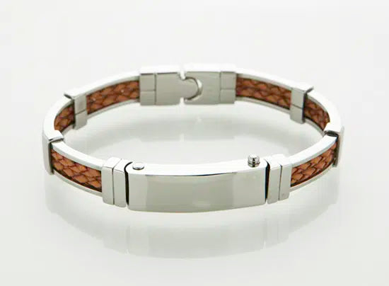 Stainless steel and tan leather bracelet | Springfield Jewellers